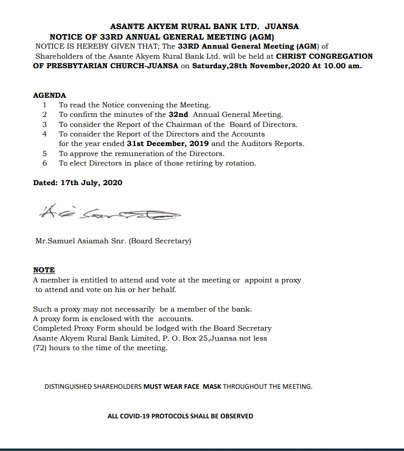 NOTICE OF 33RD ANNUAL GENERAL MEETING (AGM) - Asante Akyem Community ...